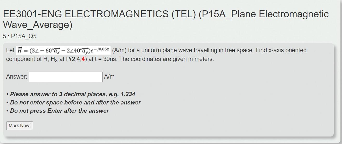 Solved EE3001-ENG ELECTROMAGNETICS (TEL) (P15A_Plane | Chegg.com