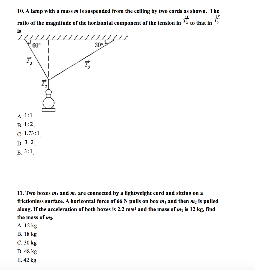 Solved 10. A lamp with a mass m is suspended from the | Chegg.com