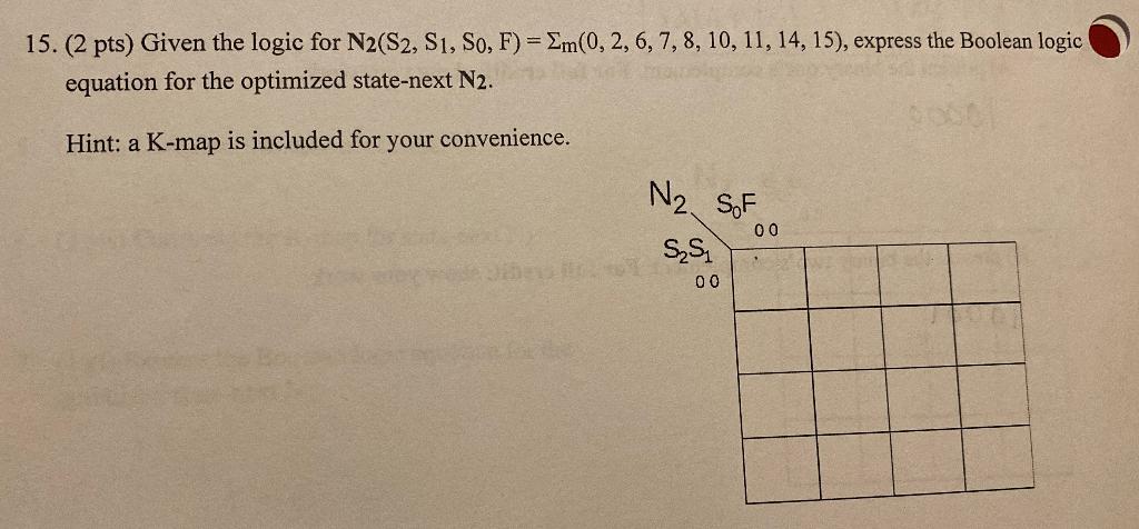 Solved 15. (2 pts) Given the logic for N2(S2, S1, So, F) = | Chegg.com