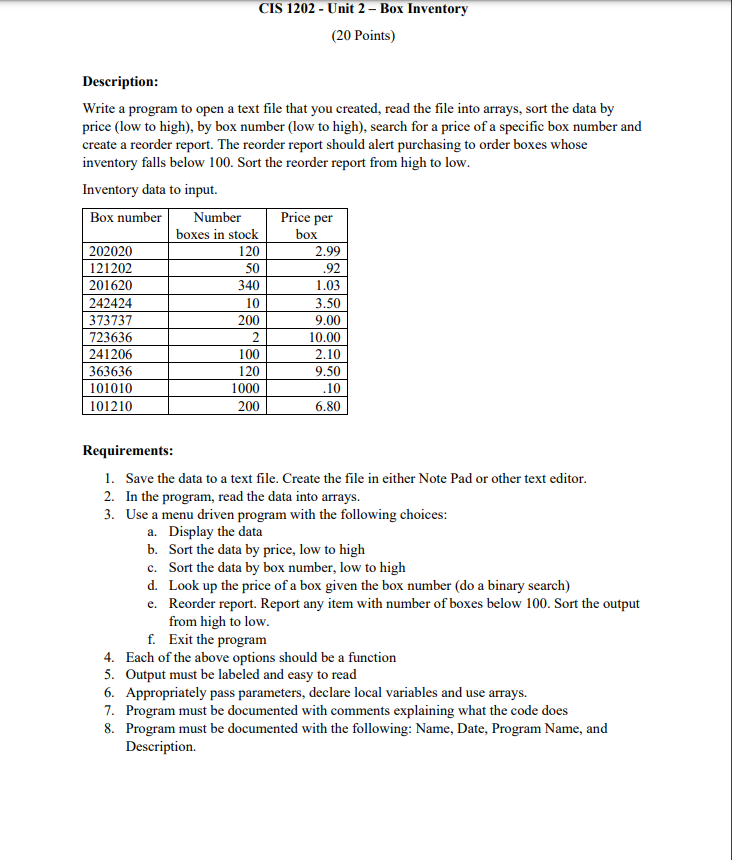 Solved CIS 1202 - Unit 2 - Box Inventory (20 Points) | Chegg.com