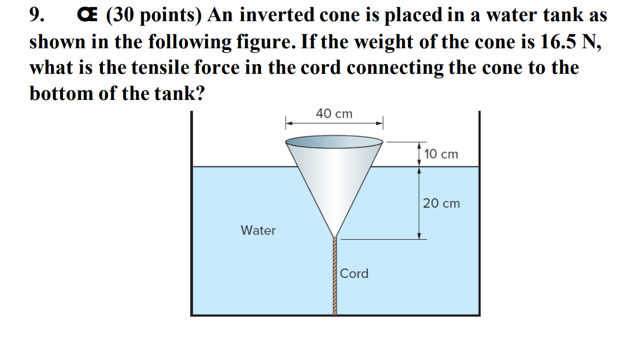 Solved 9. (30 points) An inverted cone is placed in a water | Chegg.com