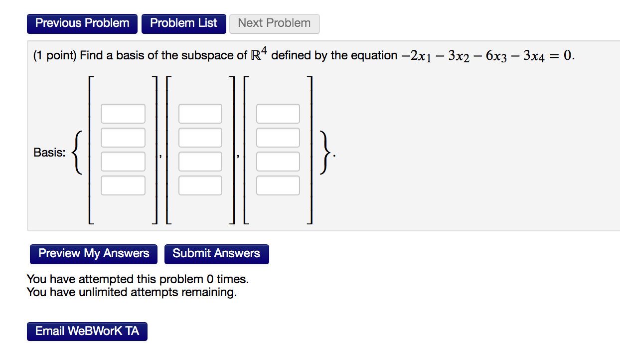 Solved 1 point) Find a basis of the subspace of ℝ4 defined | Chegg.com