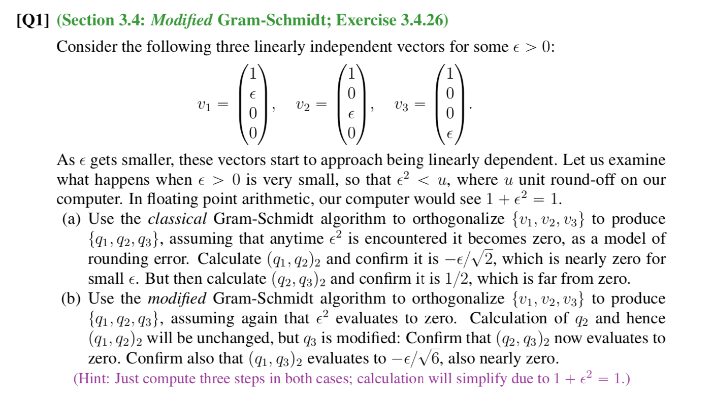 [Q1] (Section 3.4: Modified Gram-Schmidt; Exercise | Chegg.com