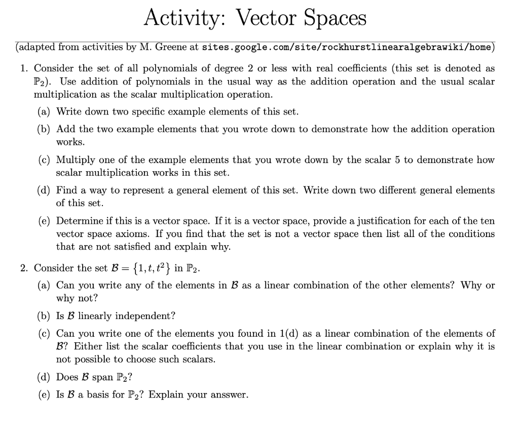 Solved Activity: Vector Spaces (adapted from activities by | Chegg.com