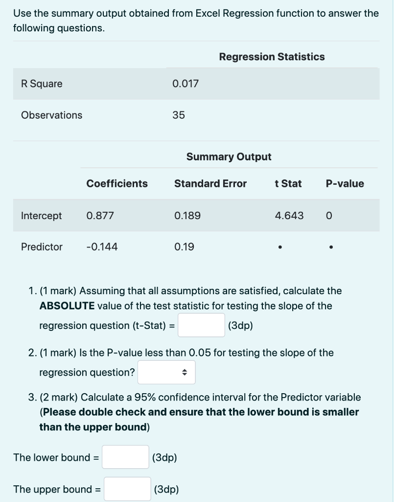 Solved Use the summary output obtained from Excel Regression | Chegg.com