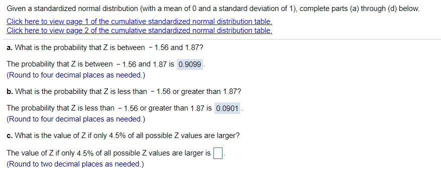 Solved Given a standardized normal distribution (with a mean | Chegg.com
