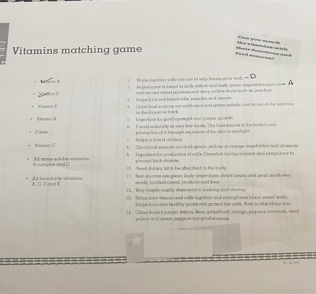 Vitamins matching game Whe trfemintine wirtelh Whebe | Chegg.com