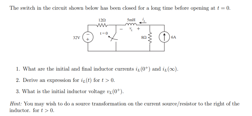 Solved The switch in the circuit shown below has been closed | Chegg.com