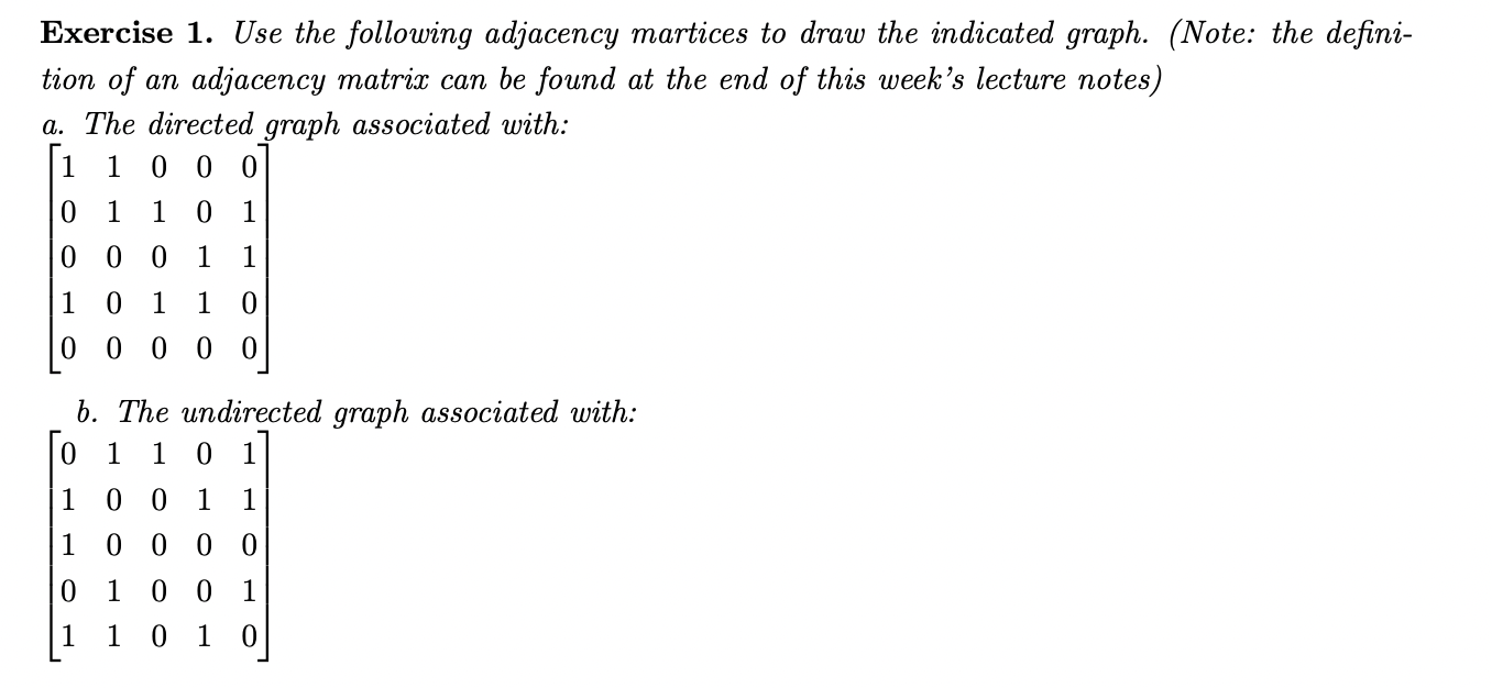Solved Exercise 1. Use the following adjacency martices to | Chegg.com
