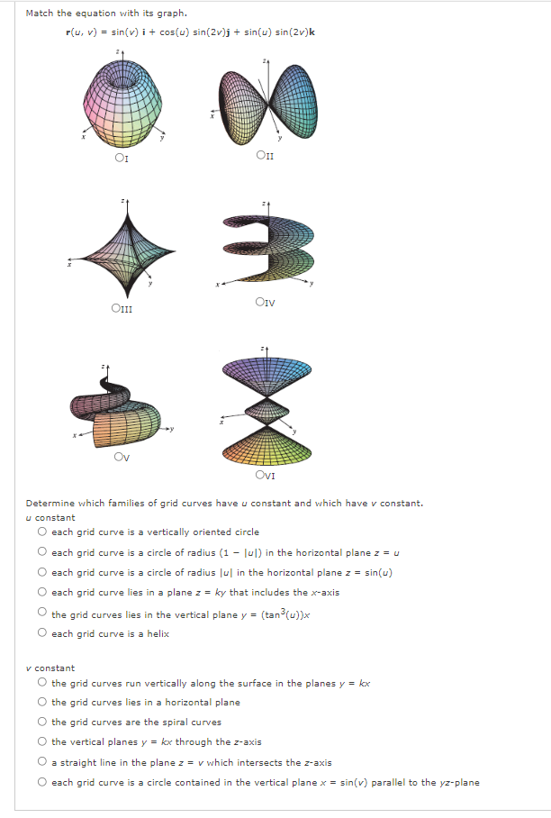 Solved Match the equation with its graph. r(u, v) = sin(v) i | Chegg.com