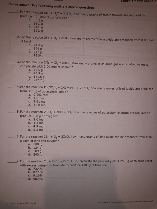 Solved Stoichiometry sheet 7 Please answer the following | Chegg.com