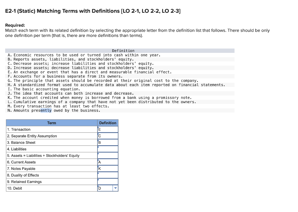 Solved E2-1 (Static) Matching Terms with Definitions (LO | Chegg.com