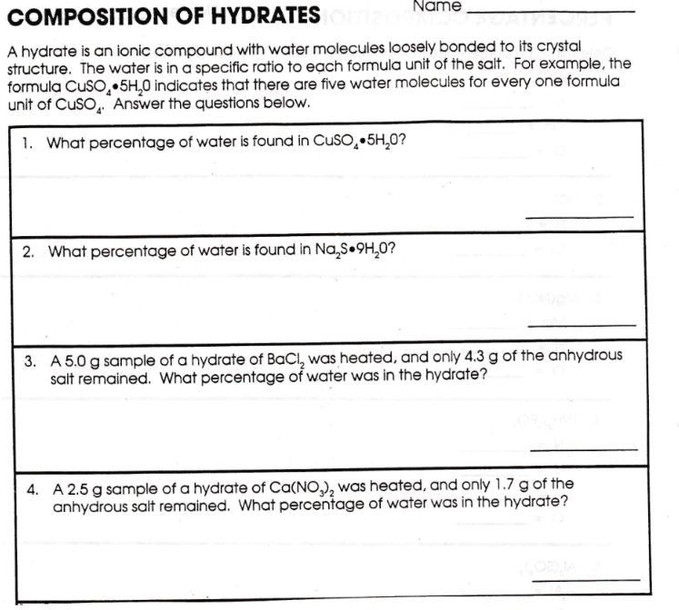 Solved COMPOSITION OF HYDRATES Name A hydrate is an ionic | Chegg.com