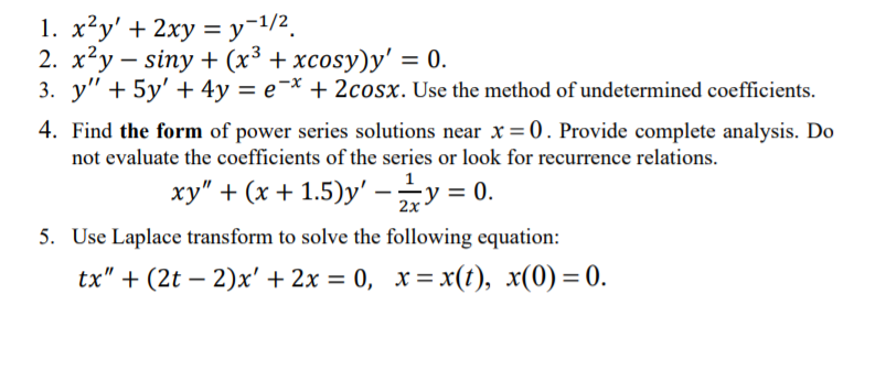 Solved 1. x2y' + 2xy = y-1/2. 2. x²y – siny + (x3 + xcosy)y' | Chegg.com