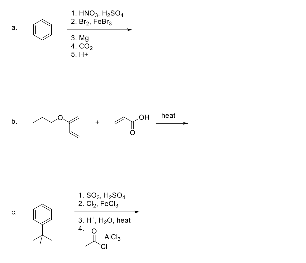 Solved 1. HNO3, H2SO4 2. Br2, FeBr3 a. 3. Mg 4. CO2 5. H+ ОН | Chegg.com