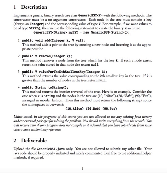 Solved 1 Description Implement a generic binary search tree | Chegg.com