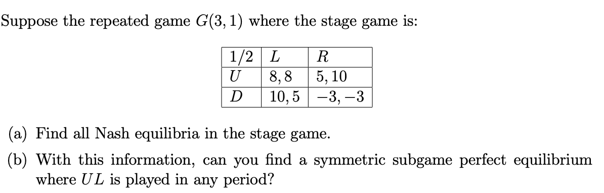Solved Suppose the repeated game G(3,1) where the stage game | Chegg.com