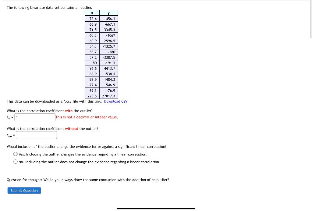 Solved The Following Bivariate Data Set Contains An Outlier