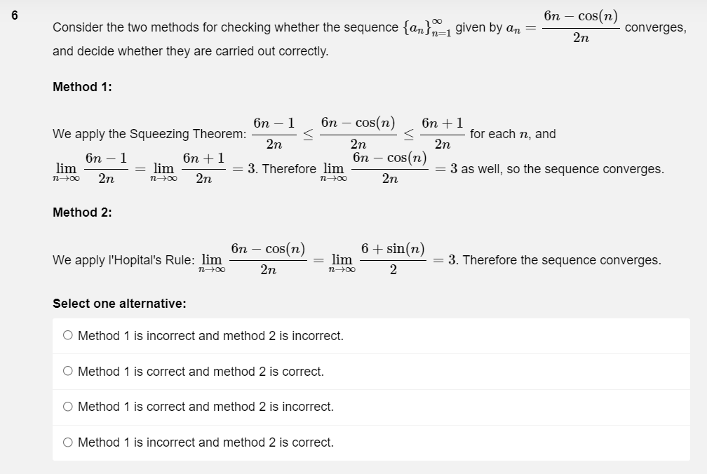Solved 6 on – cos(n) 2n Consider the two methods for | Chegg.com