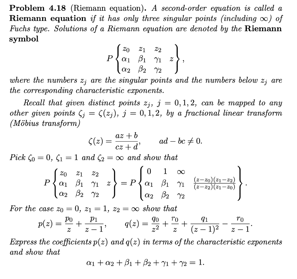 ZO 22 a 1 z Problem 4.18 (Riemann equation). A | Chegg.com