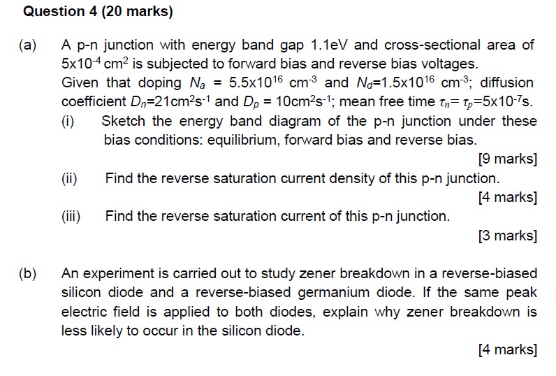 Solved Question 4 (20 ﻿marks)(a) A p-n ﻿junction with energy | Chegg.com