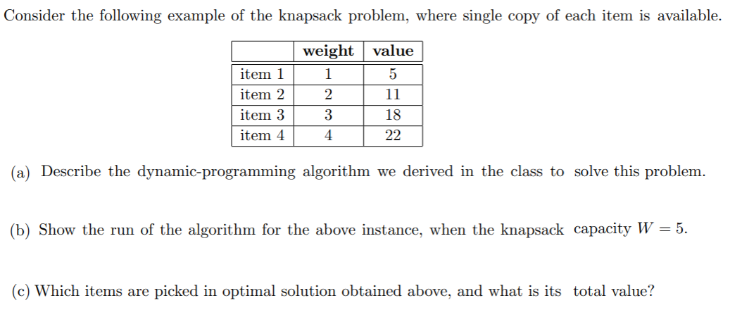 Solved Consider the following example of the knapsack | Chegg.com