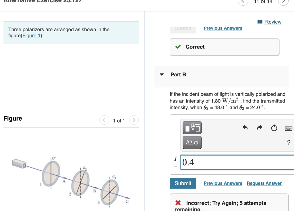 Solved Review Submit Previous Answers Three polarizers are | Chegg.com