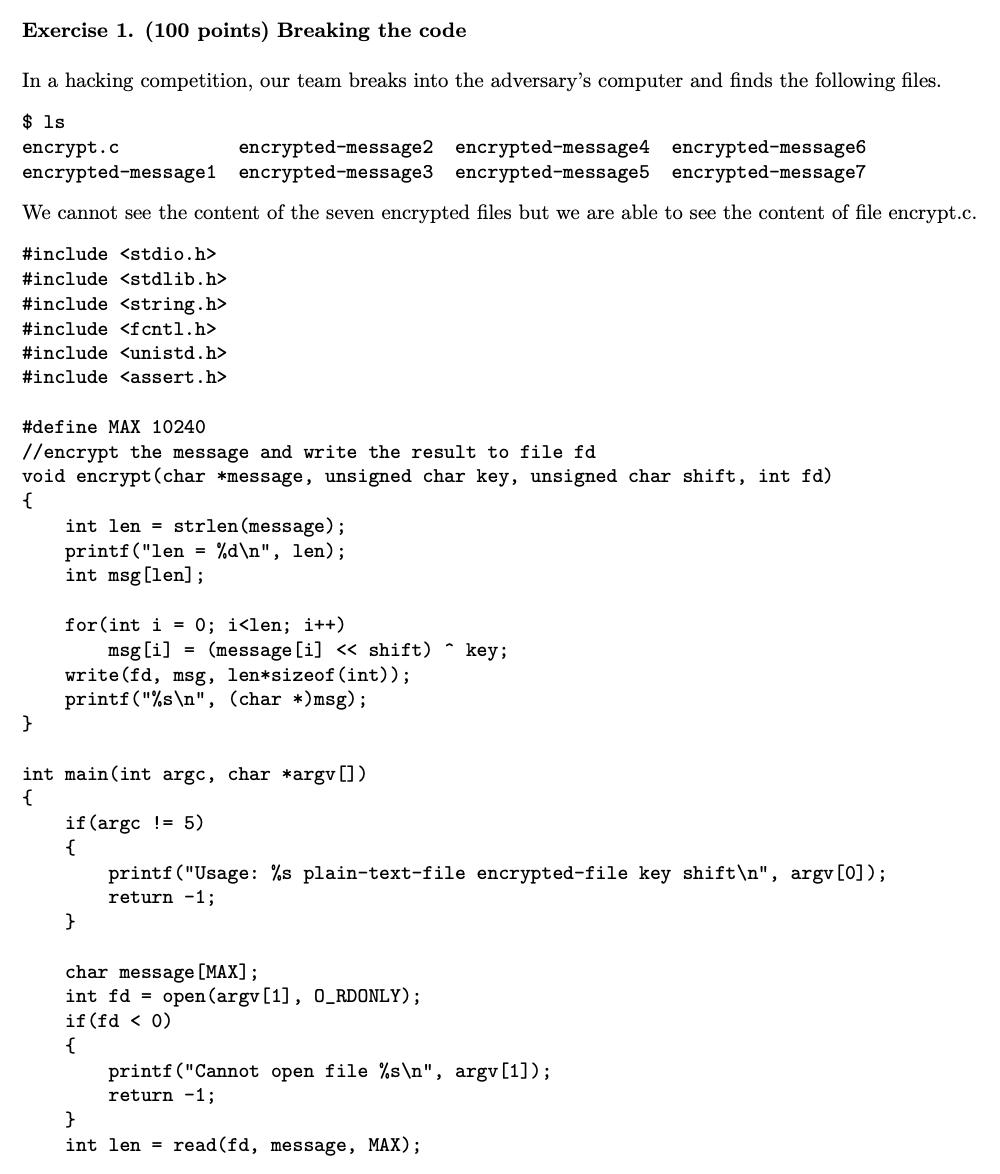 Exercise 1. (100 points) Breaking the code In a | Chegg.com