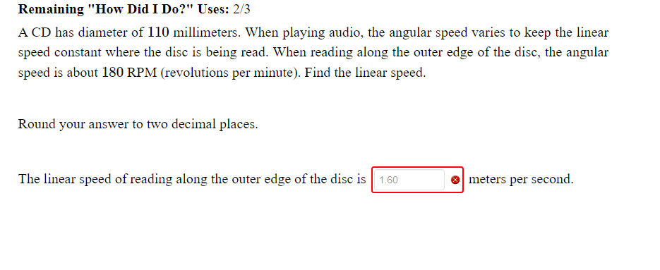 Solved Remaining "How Did I Do?" Uses: 2/3 A CD has diameter | Chegg.com