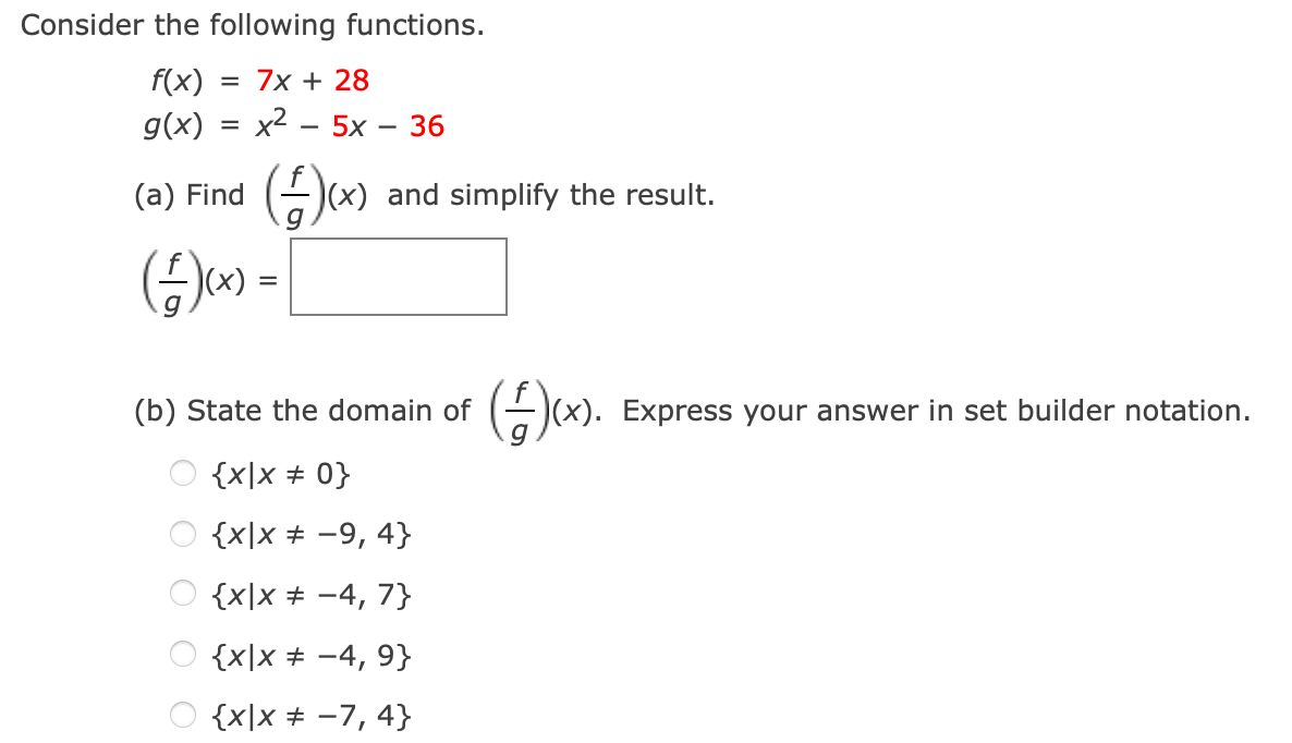 Solved Consider the following functions. f(x) 7x + 28 g(x) = | Chegg.com