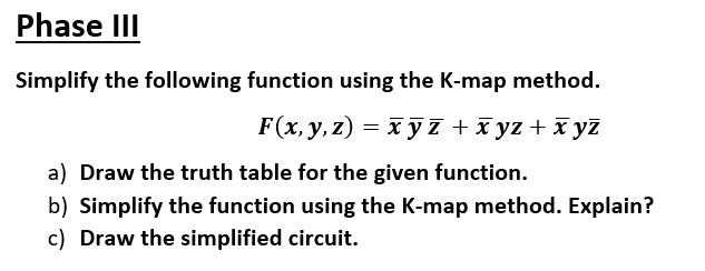 Solved Phase IIISimplify the following function using the | Chegg.com