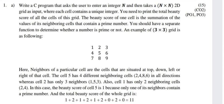 Solved (15) (CO2) (PO1, PO3) 1. a) Write a C program that | Chegg.com