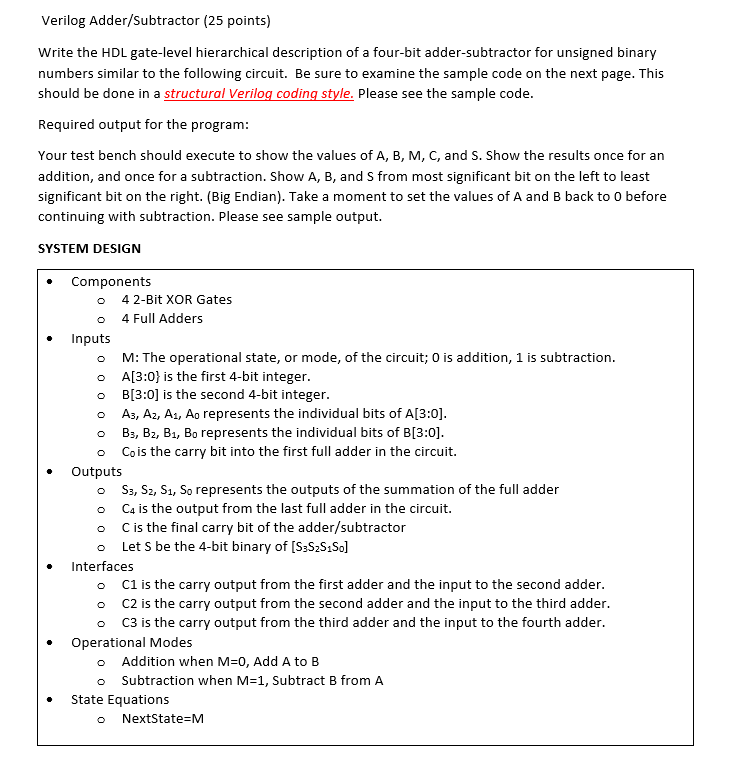 Verilog Adder/Subtractor (25 points) Write the HDL | Chegg.com