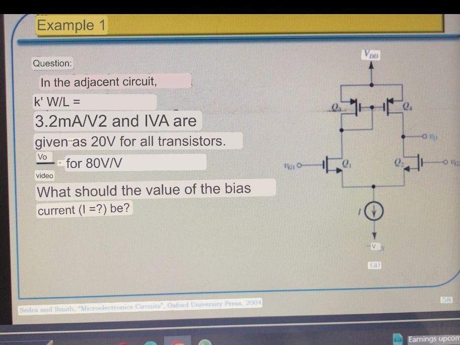 Solved Example 1 Question: In the adjacent circuit, k′W/L= | Chegg.com