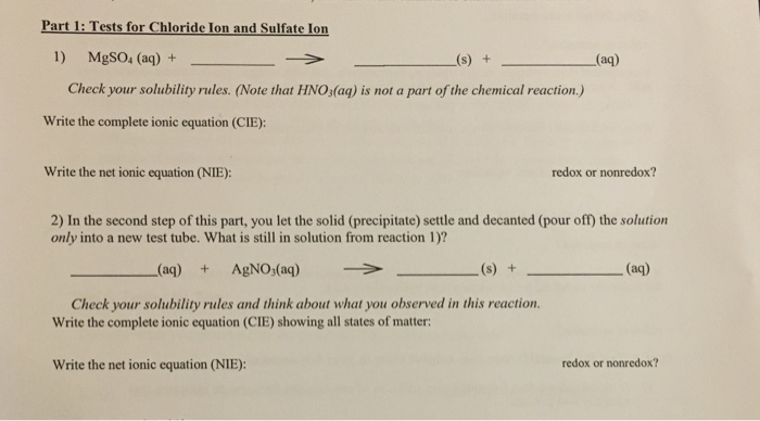 Solved Tests for Chloride Ion and Sulfate Ion MgSO_4 (aq) + | Chegg.com