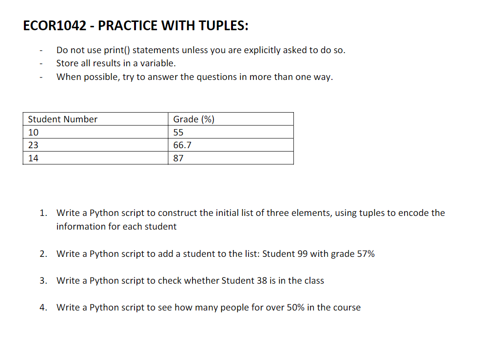 Solved ECOR1042 - PRACTICE WITH TUPLES: - Do not use print() | Chegg.com