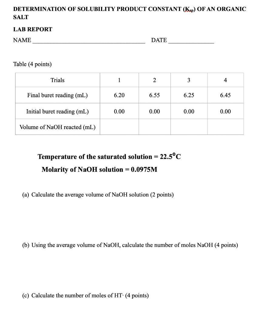 Solved DETERMINATION OF SOLUBILITY PRODUCT CONSTANT (Ksp) OF | Chegg.com