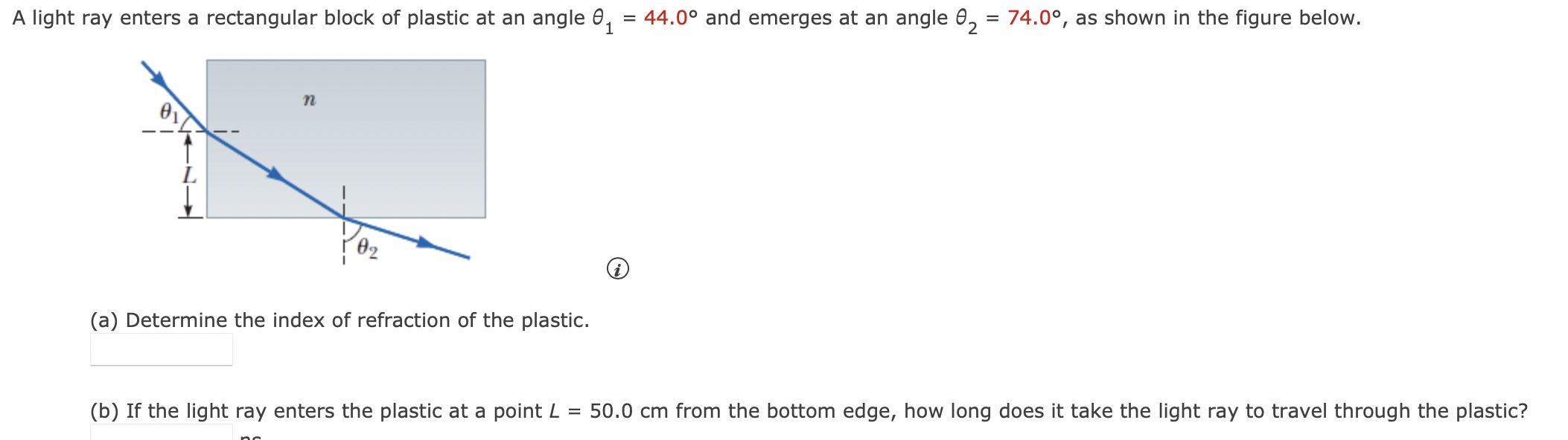 Solved light ray enters a rectangular block of plastic at an | Chegg.com