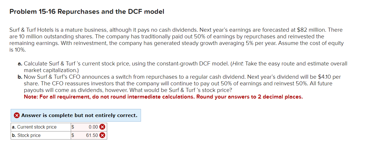 Solved Problem 15-16 ﻿Repurchases and the DCF modelSurf & | Chegg.com
