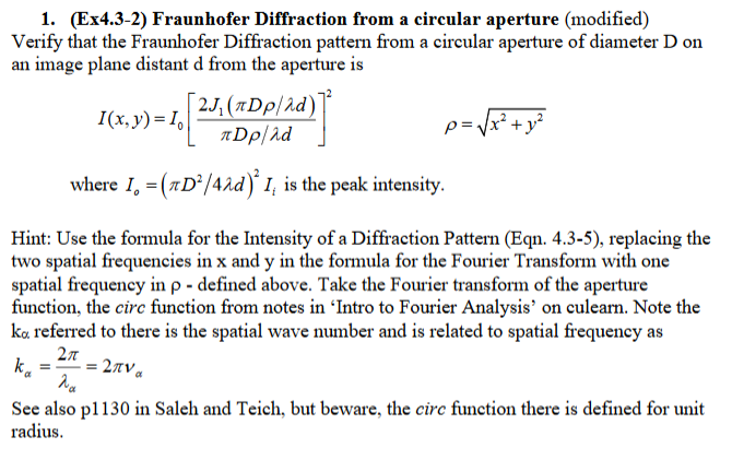 Solved 1. (Ex4.3-2) Fraunhofer Diffraction from a circular | Chegg.com