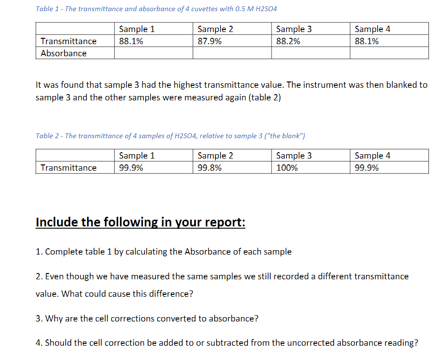 Solved Table 1 - The transmittance and absorbance of 4 | Chegg.com