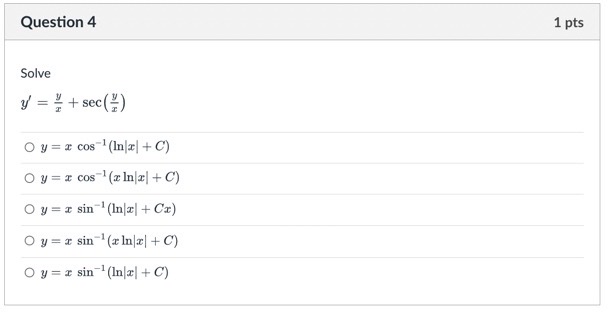 [Solved]: y=xy+sec(xy)y=xcos1(lnx+C)y=xcos1(xlnx+C)y=xsin1(