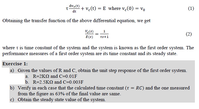 Solved τ dem + ve(t)-E where vc(0)-Yo dvc(t) dt Obtaining | Chegg.com