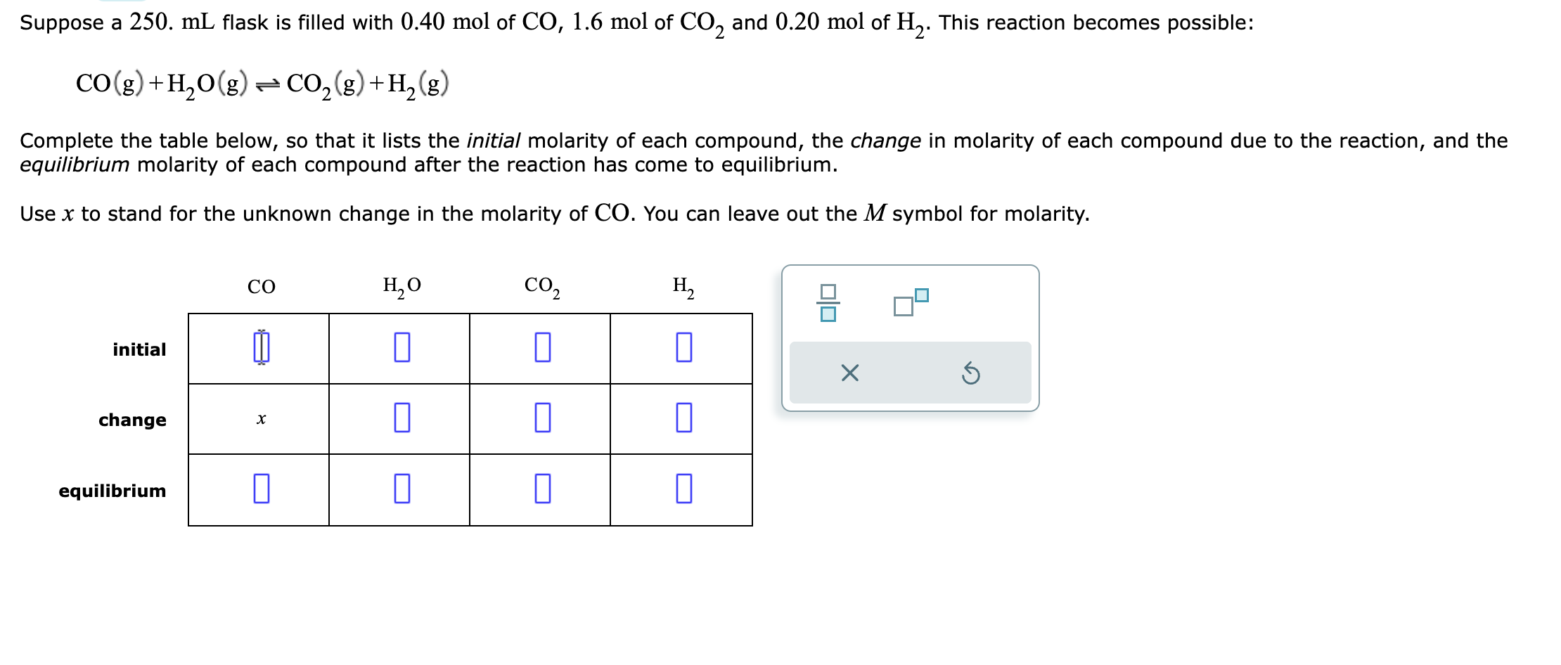 Solved CO(g)+H2O(g)⇌CO2( g)+H2( g) equilibrium molarity of | Chegg.com
