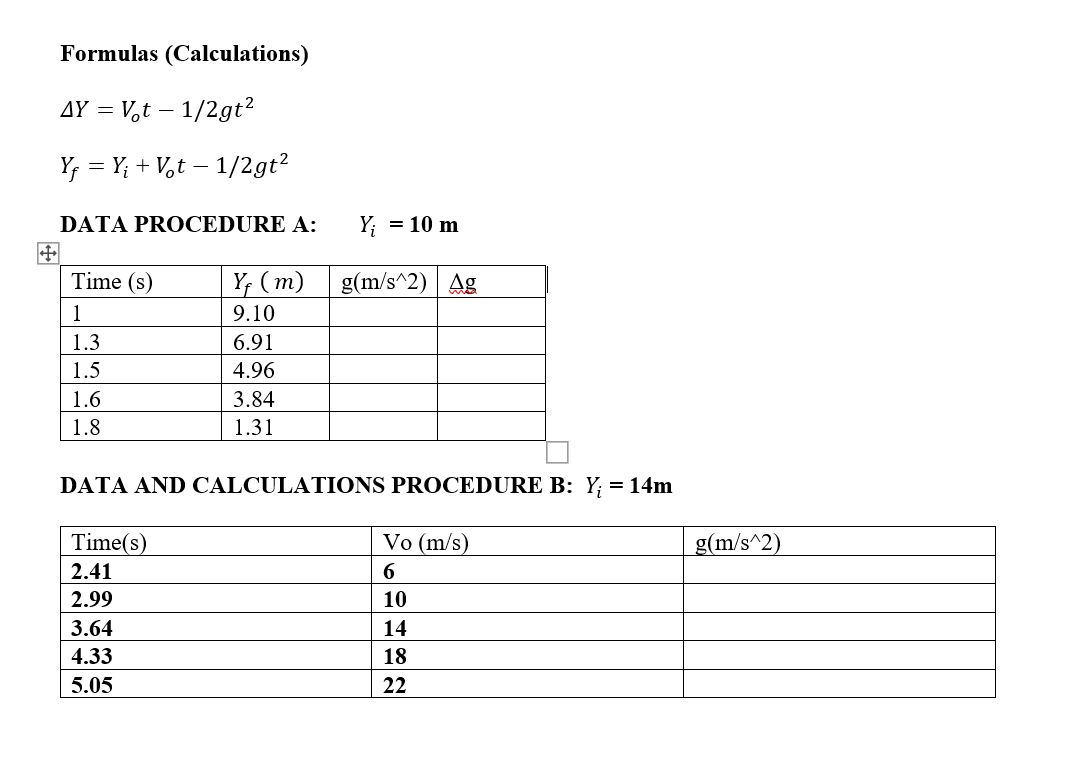 Solved Formulas (Calculations) AY = V.t – 1/2gt2 Yg = Y; + V | Chegg.com