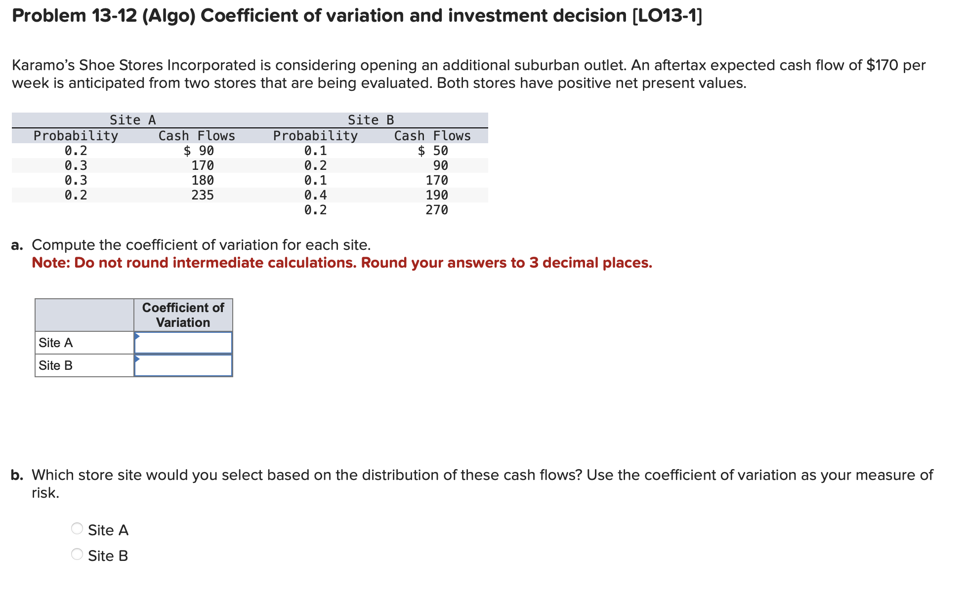 Solved Problem 13-12 (Algo) Coefficient of variation and | Chegg.com