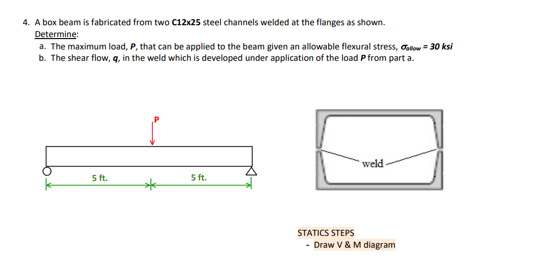 Solved 4. A box beam is fabricated from two C12x25 steel | Chegg.com