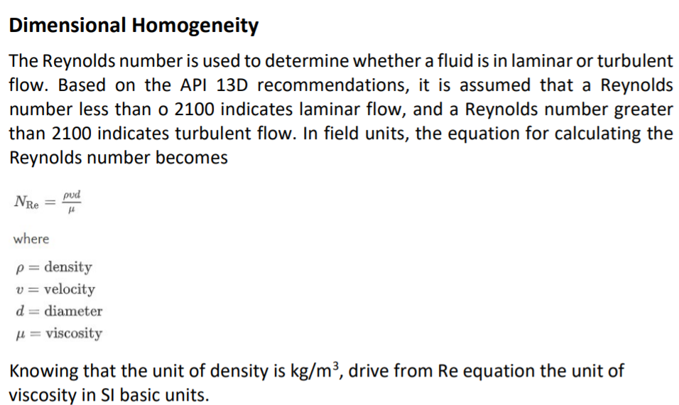 Solved Dimensional Homogeneity The Reynolds number is used | Chegg.com
