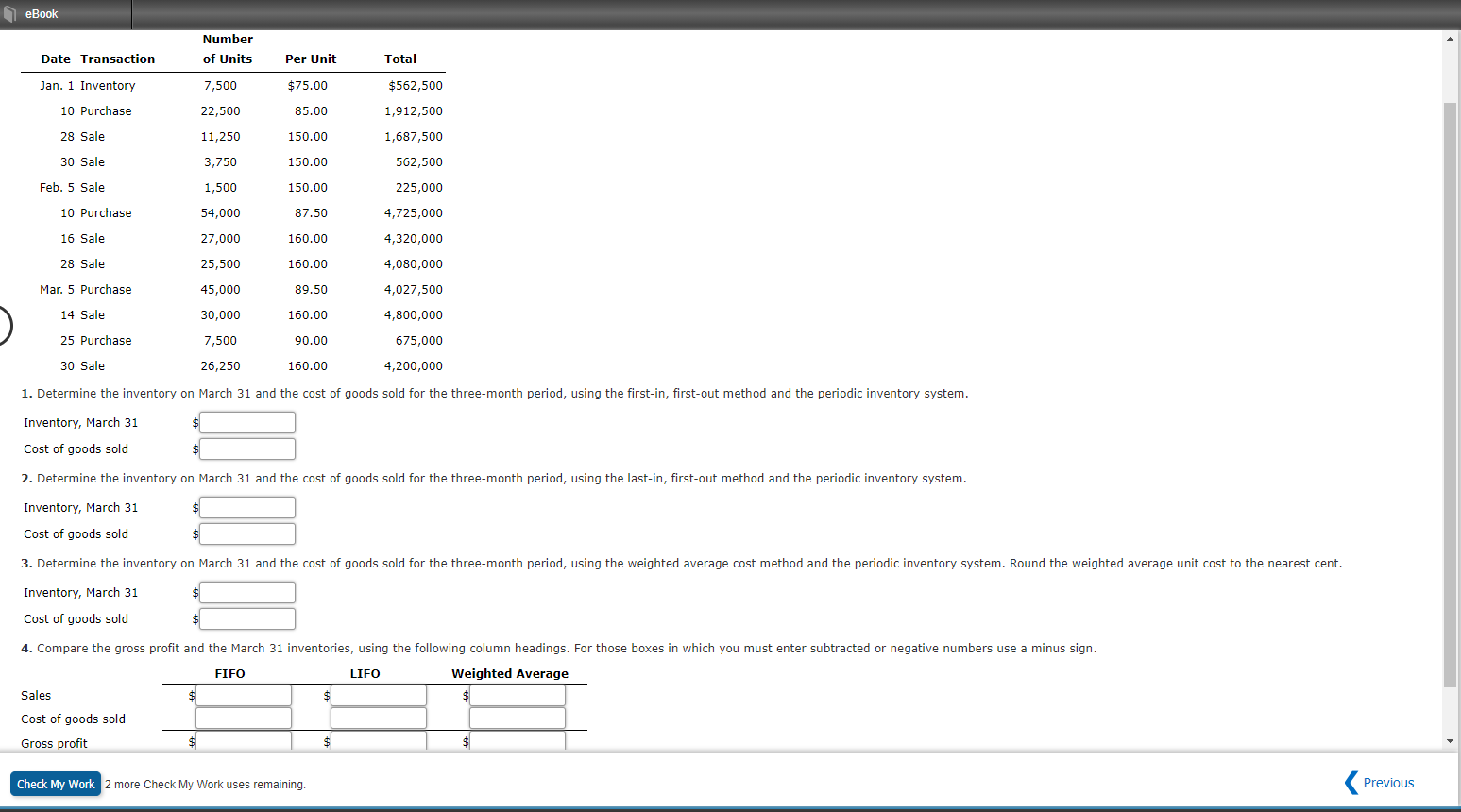Solved eBook Number of Units Date Transaction Per Unit Total | Chegg.com
