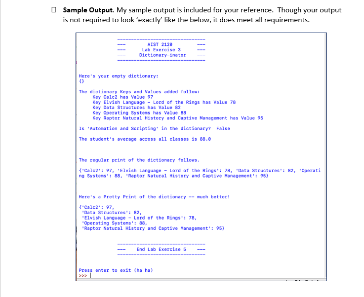 Solved In Lab Exercise 3, you will create a dictionary and | Chegg.com